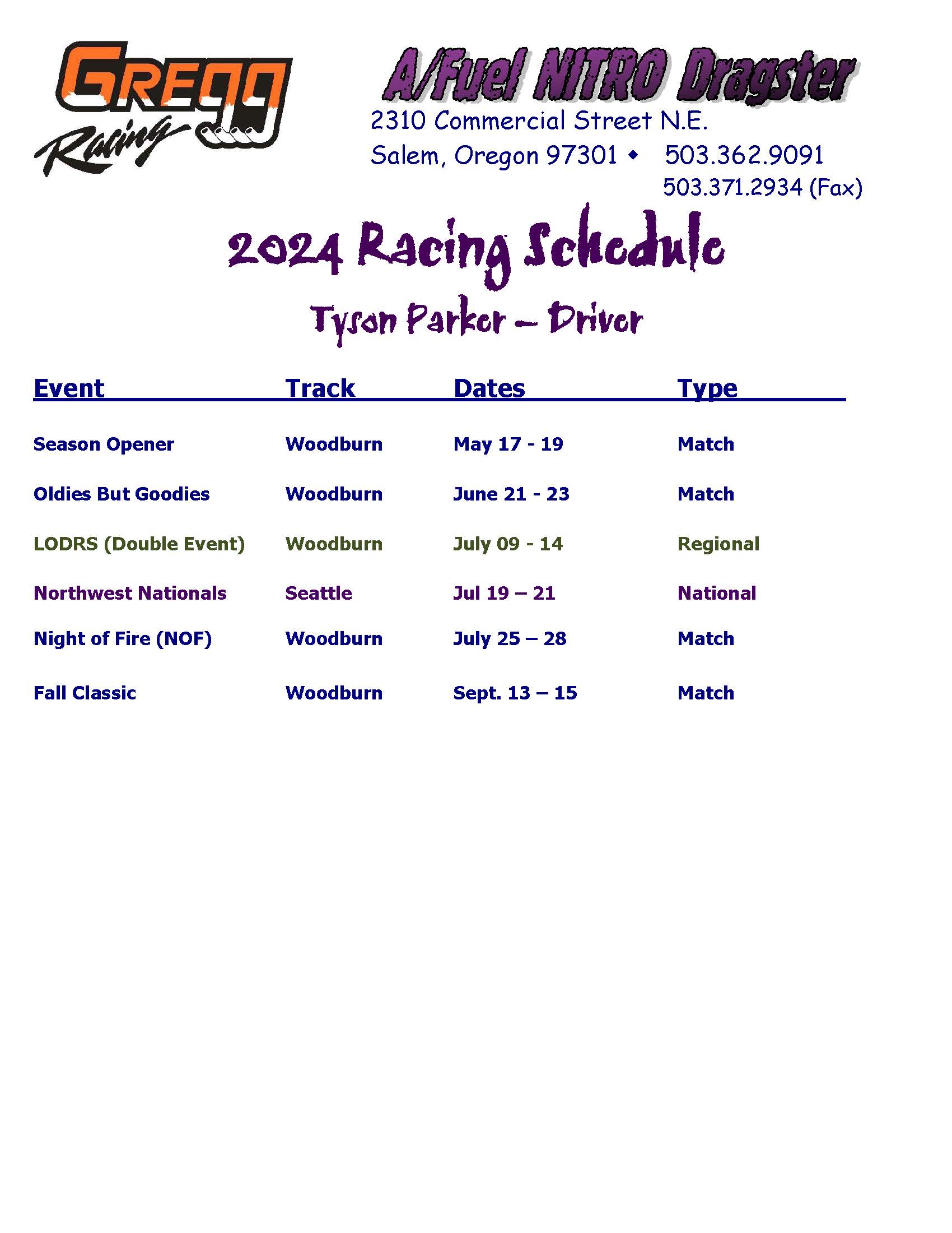 2024 Racing Schedule | Gregg Racing